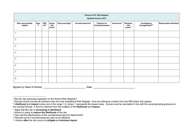 School Risk Register Template - Risk Management in Education
