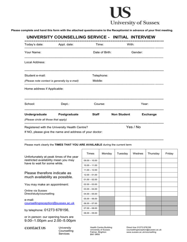 University Counselling Service Initial Interview Form