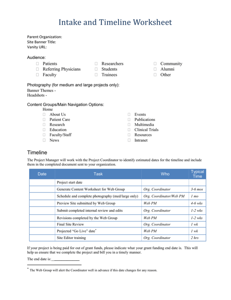 Intake and Timeline Worksheet