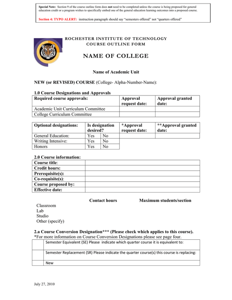 RIT Course Outline form