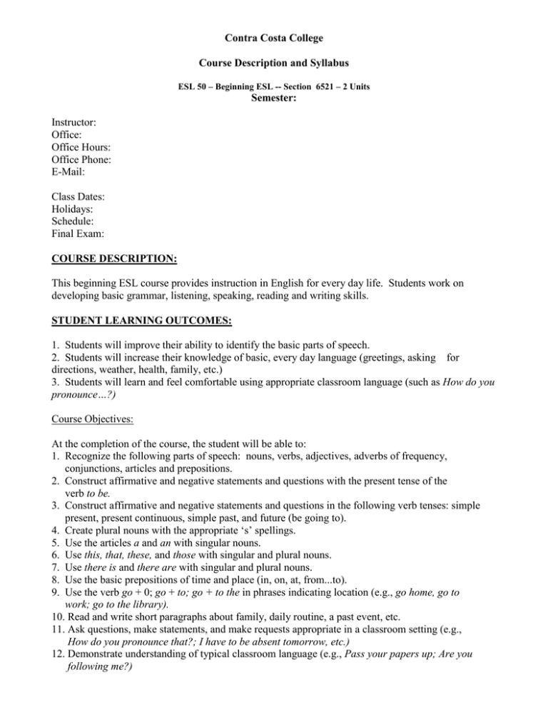 ESL 50 Syllabus: Beginning English Course at Contra Costa College