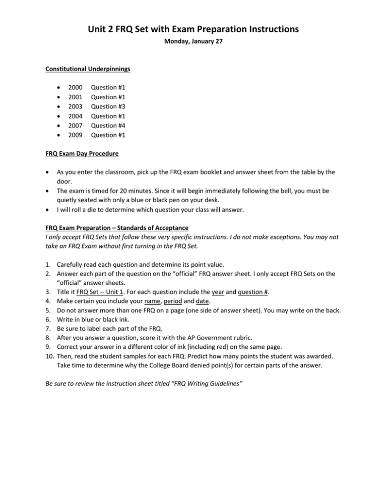 Unit 2 FRQ Exam Set