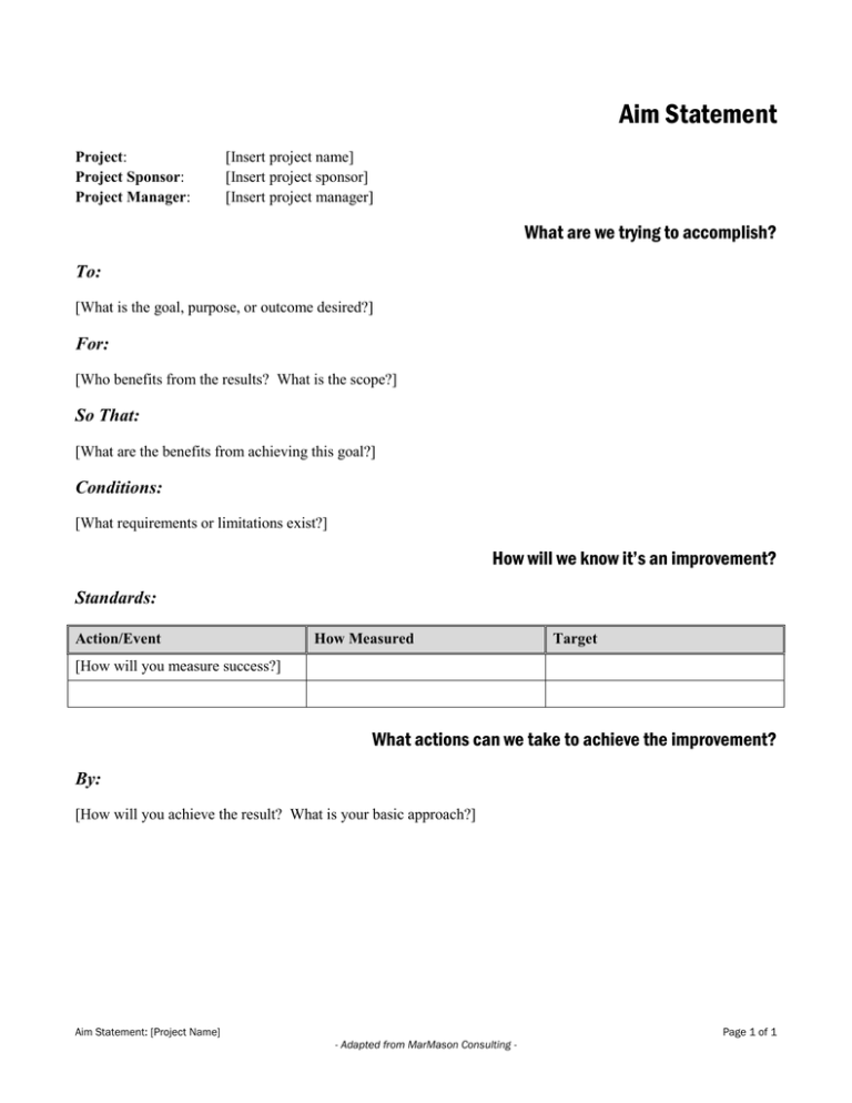 Aim Statement Template for Project Management