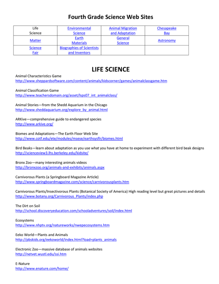4th Grade Science Websites: Life, Earth, Animals & More