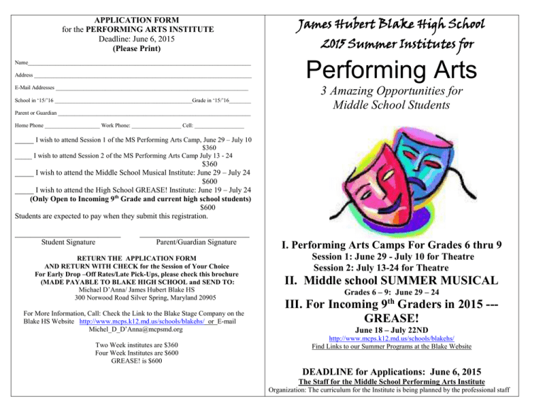 Performing Arts Institute Application - Summer Programs