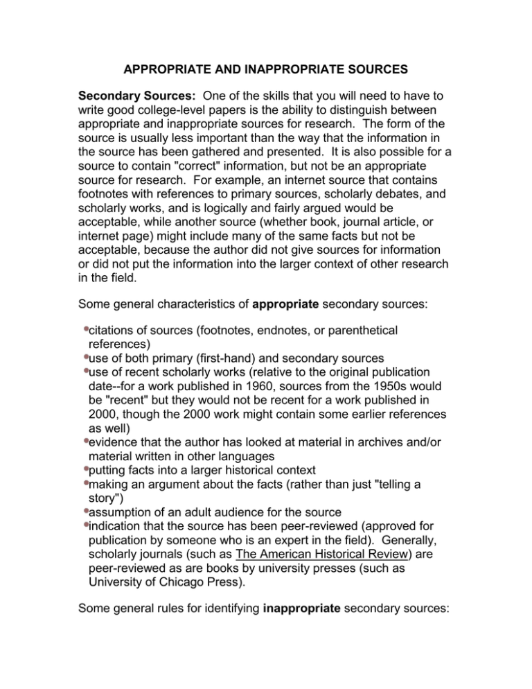 Appropriate & Inappropriate Research Sources Guide