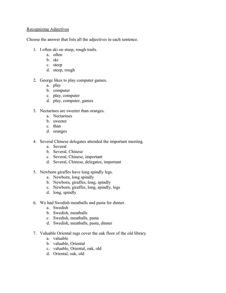 Adjective Identification Worksheet