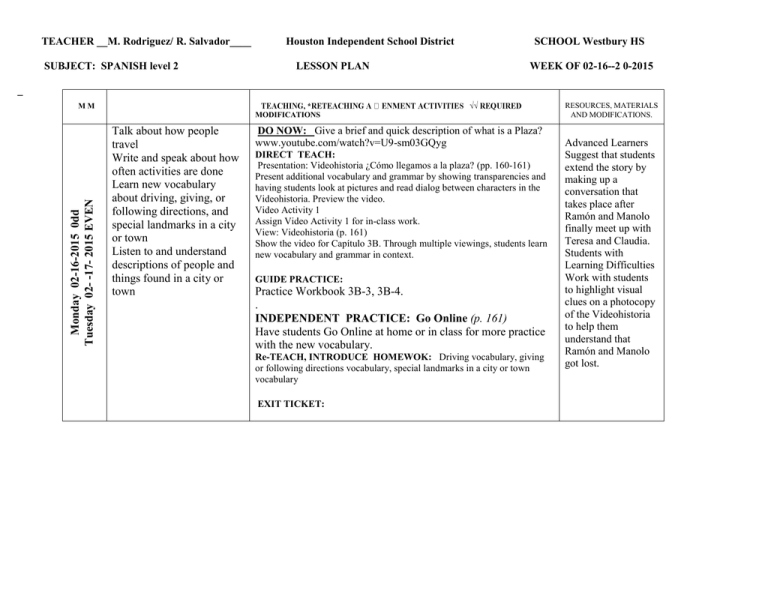 Spanish 2 Lesson Plan: Travel, Directions, and Grammar