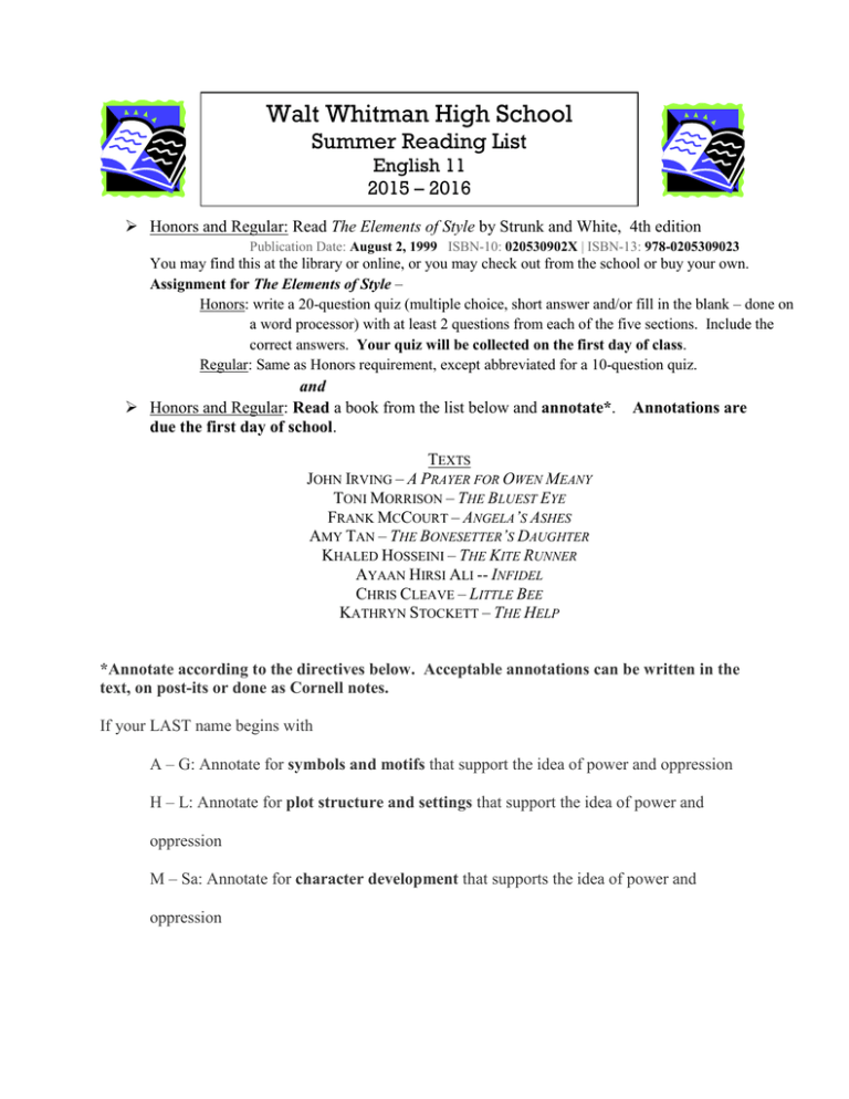 2015 11th Grade Regular and Honors English Summer Reading