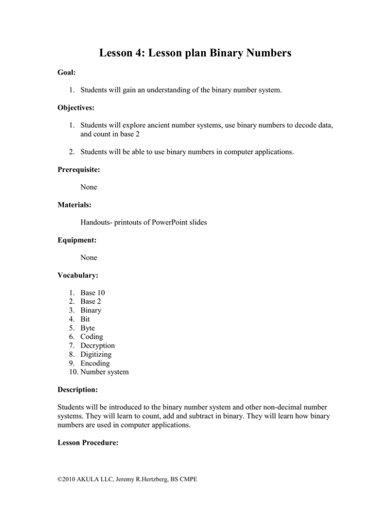 Lesson 4 Lesson Plan Binary Numbers