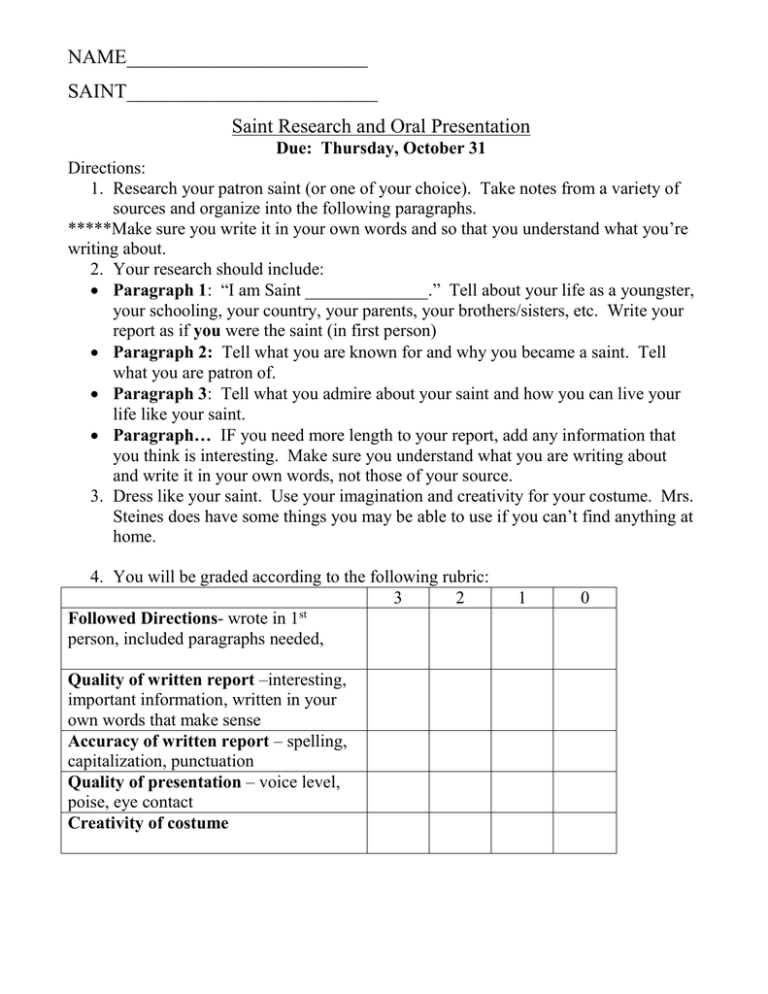 Saint Research Project: Worksheet & Presentation Guide