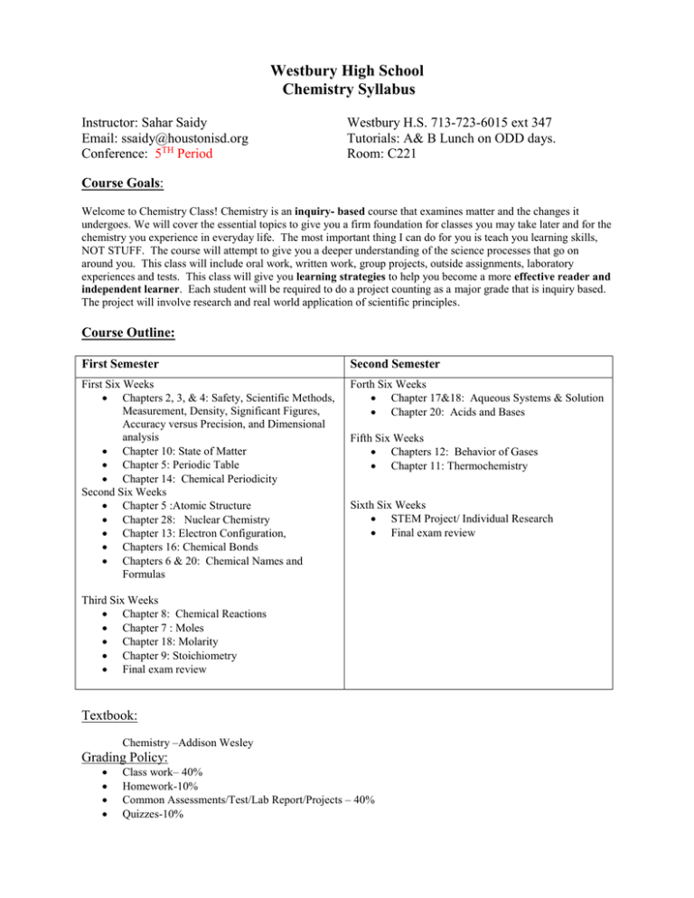 Westbury High School Chemistry Syllabus