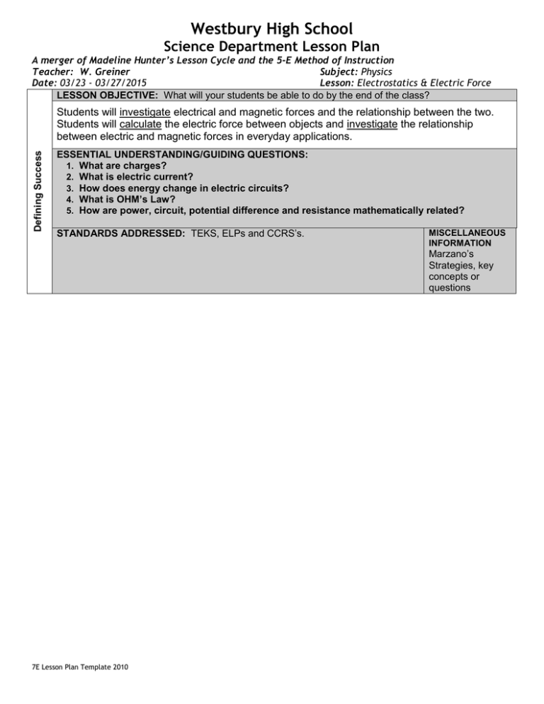 Electrostatics & Electric Force Lesson Plan - Physics