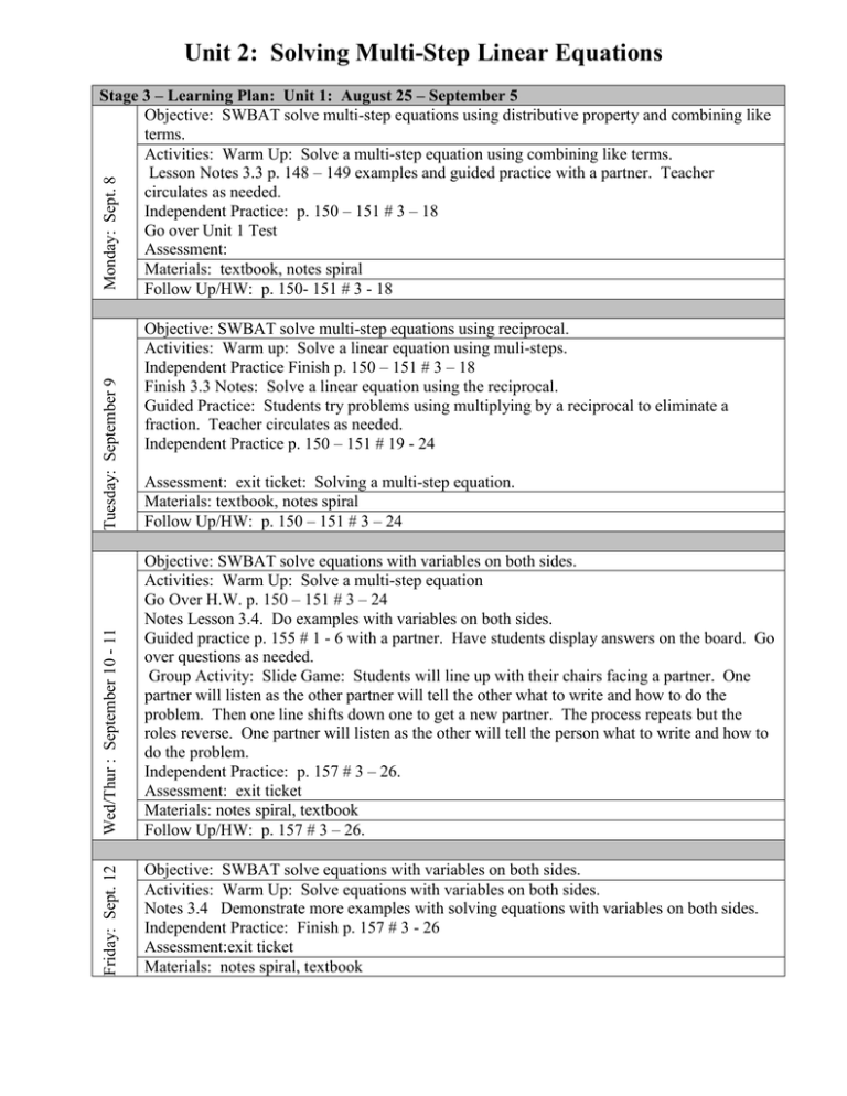 Solving Multi-Step Linear Equations Lesson Plan
