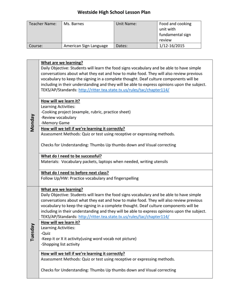 ASL Food & Cooking Unit Lesson Plan | High School
