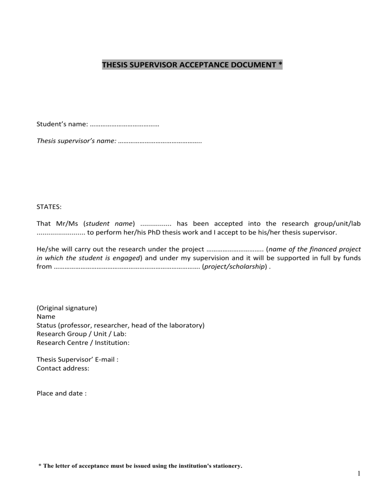 Thesis Supervisor Acceptance Document Template