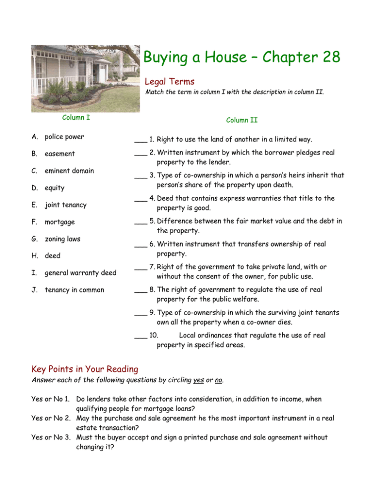 Real Estate Legal Terms Worksheet - Buying a House