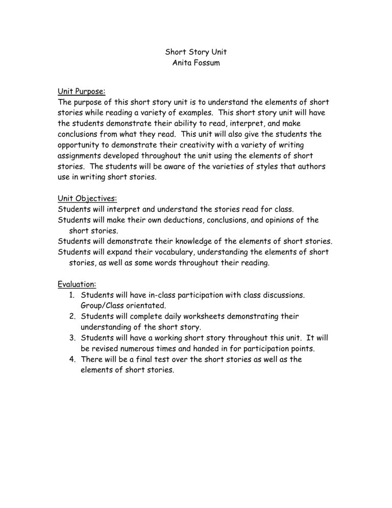 Short Story Unit Plan: Elements, Interpretation, Writing