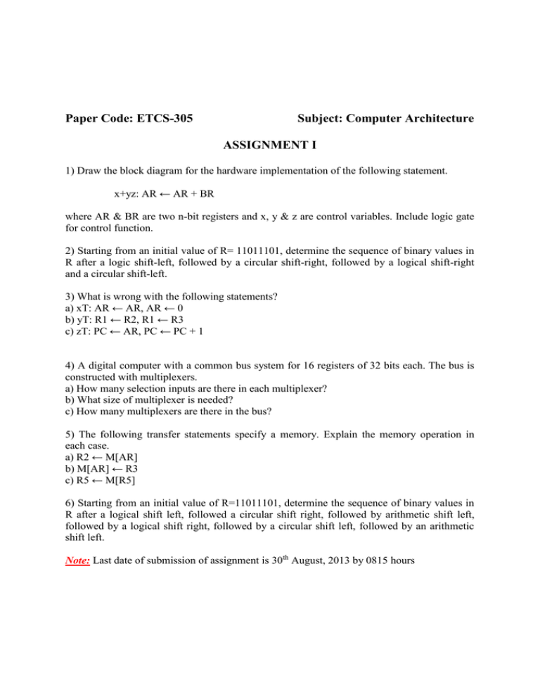 Computer Architecture Assignment: Registers, Memory, and Bus Systems