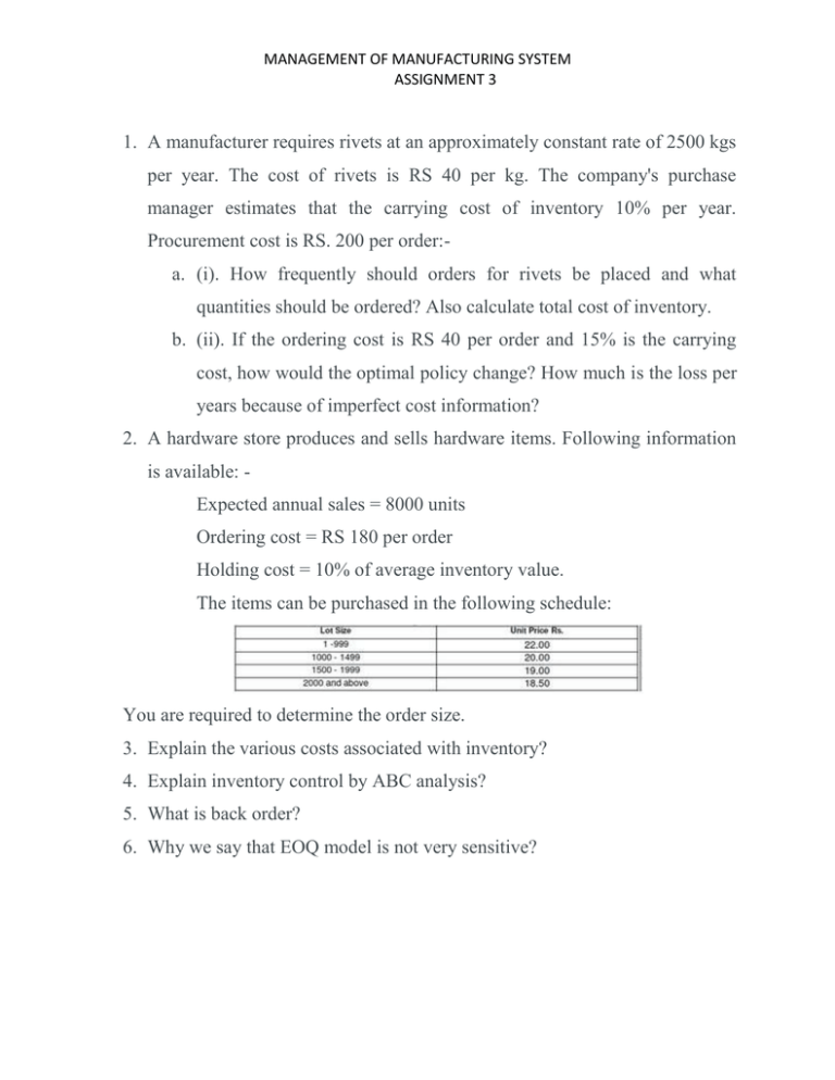 Inventory Management Assignment: EOQ, ABC Analysis, Costs
