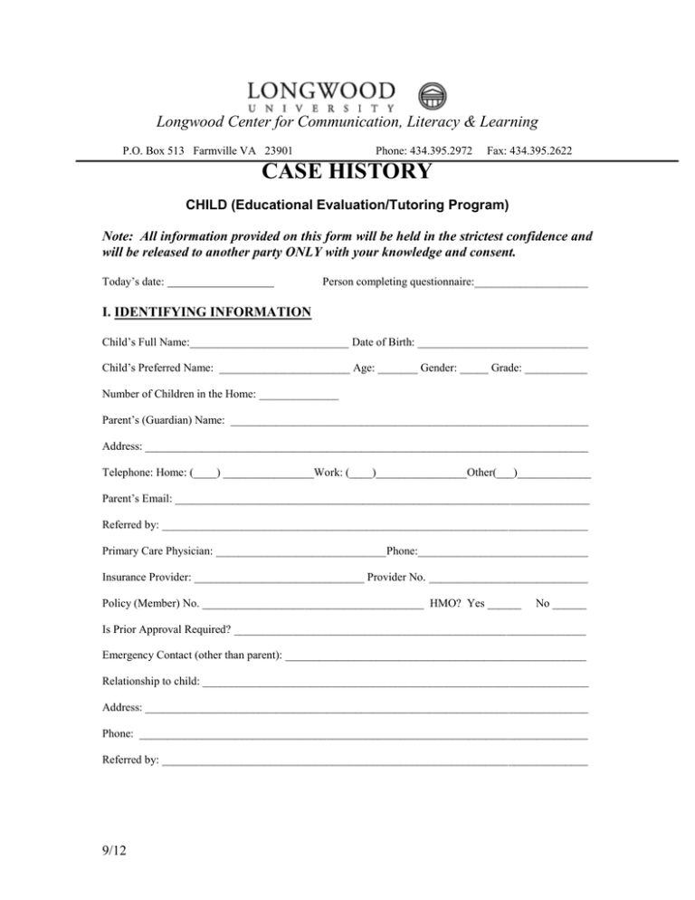 Child Case History Form - Educational Evaluation