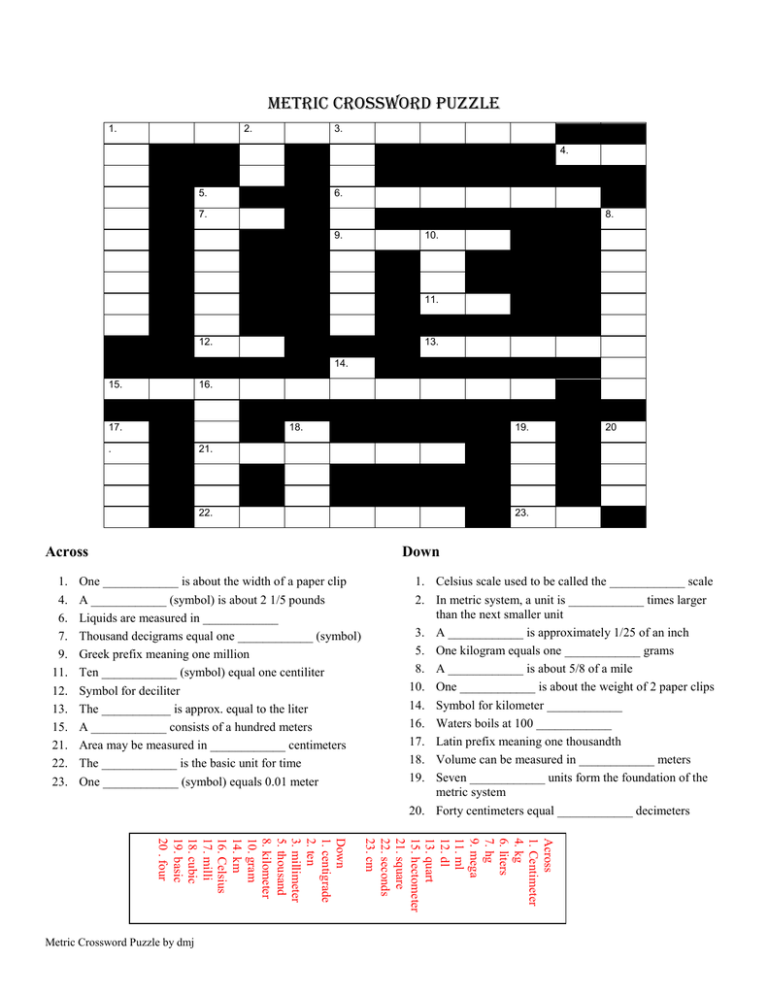 Metric System Crossword Puzzle: Units & Prefixes