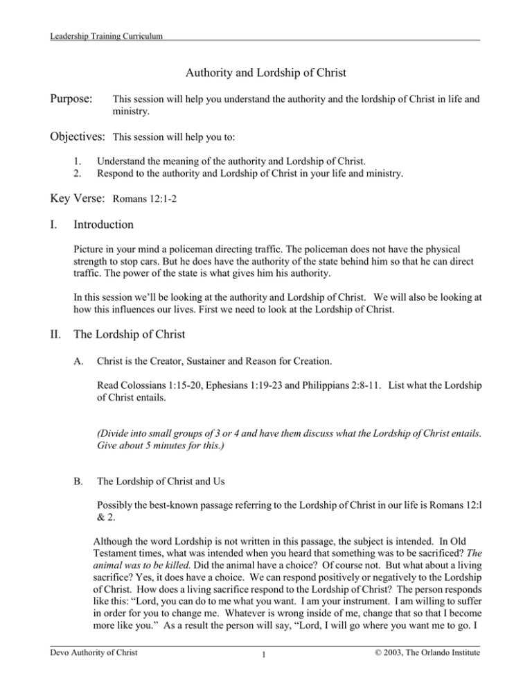 Authority And Lordship Of Christ Purpose Objectives authority-and-lordship-of-christ-purpose-objectives