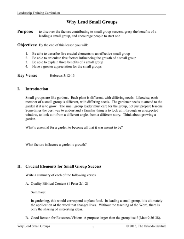 Why Lead Small Groups Purpose: