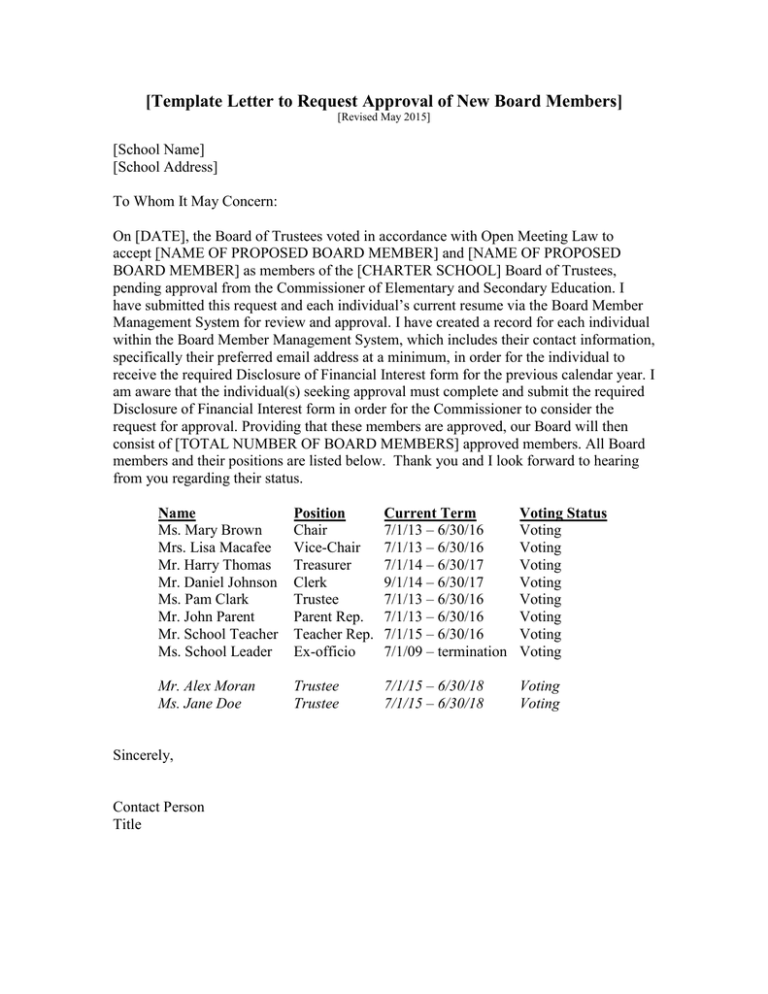 Board Member Approval Request Template for Schools