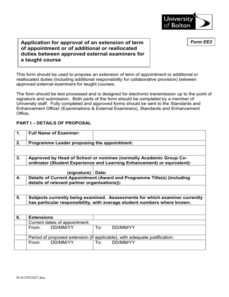 Application for Approval of an Extension of Appointment or a ...