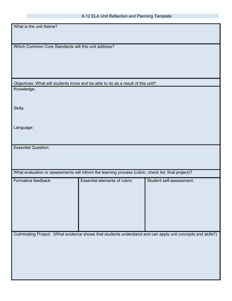 ELA Unit Planning Template (6-12): Reflection & Design
