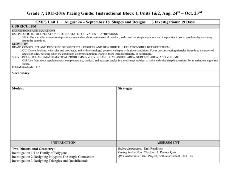Grade 7 Pacing Guide Block 1 Unit 1