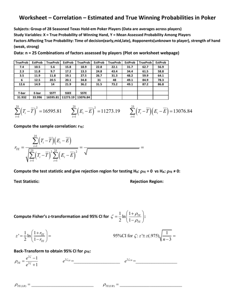 Poker Probability Correlation Worksheet