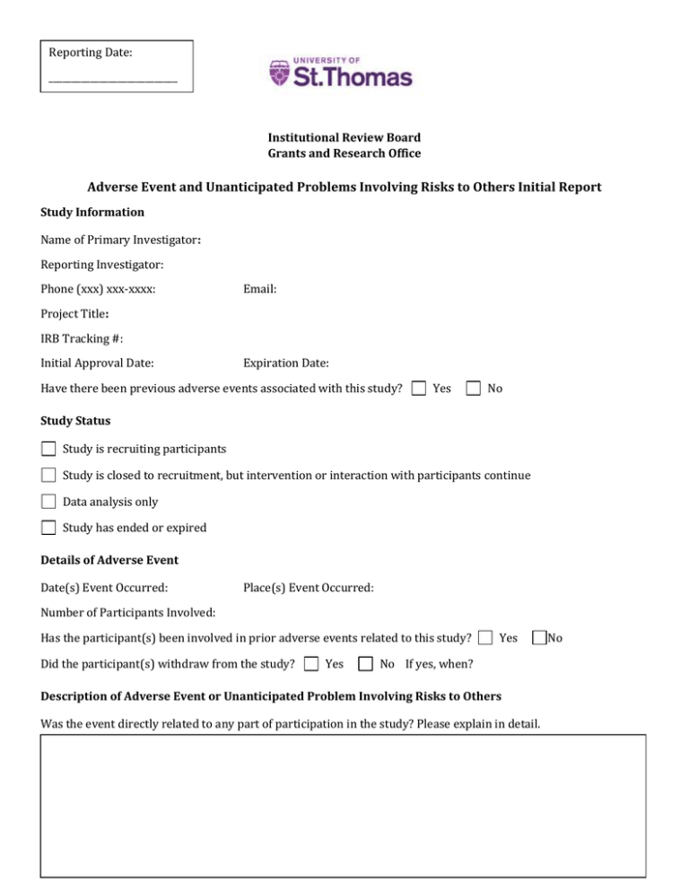 Adverse Event And Unanticipated Problem Reporting Form
