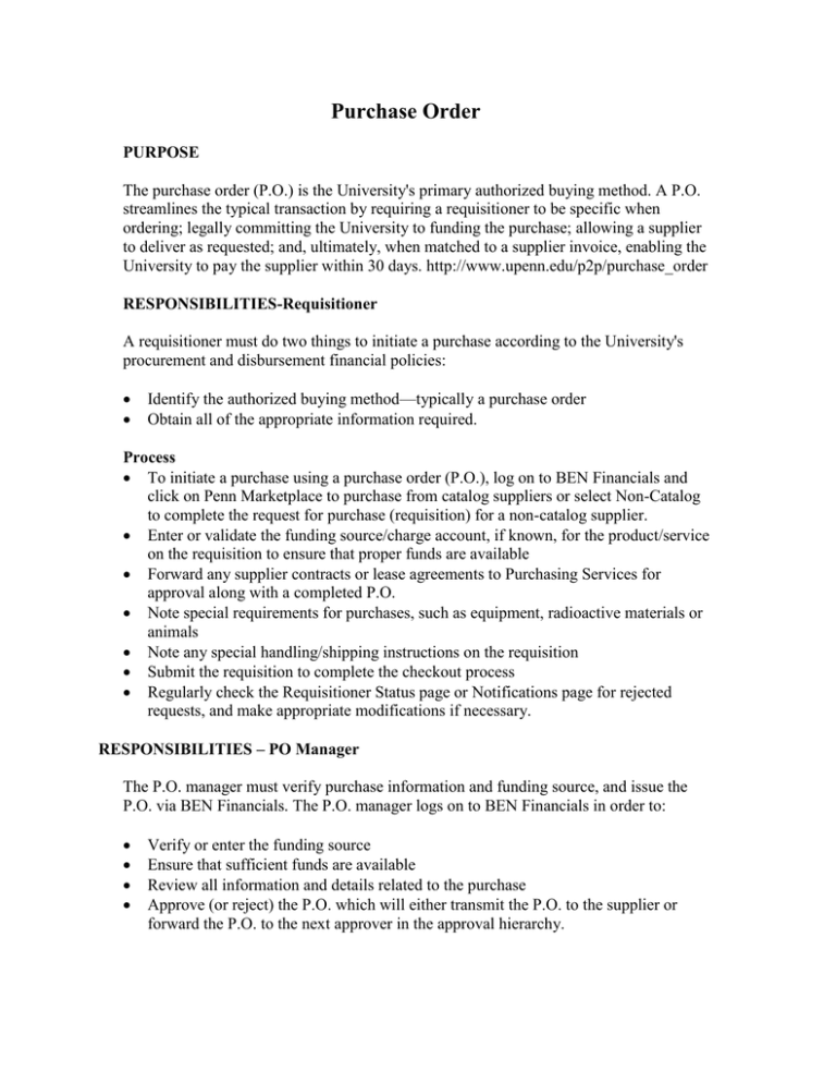University Purchase Order Policy & Procedures