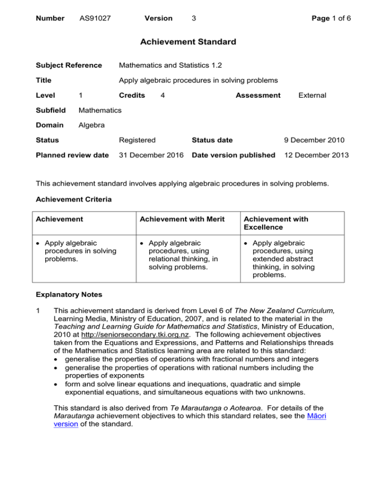 Algebra Achievement Standard: Solving Problems