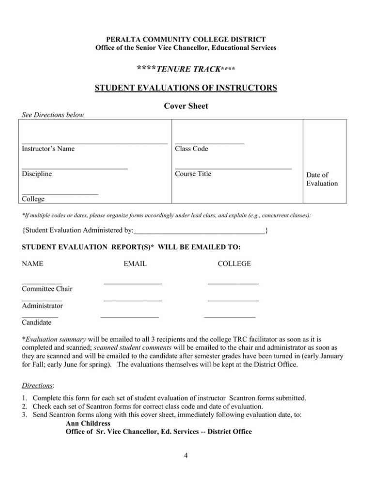 Cover Sheet for Student Evaluations of Tenure Track Faculty