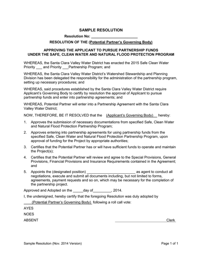 Sample Resolution: Partnership Funds Approval