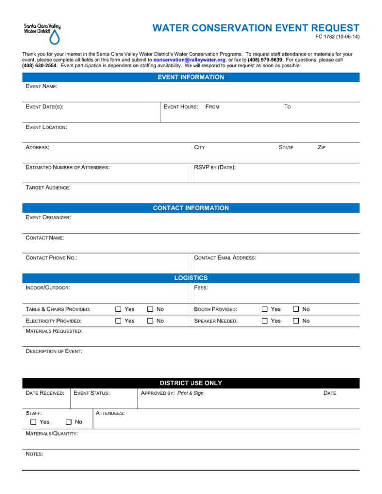 WATER CONSERVATION EVENT REQUEST