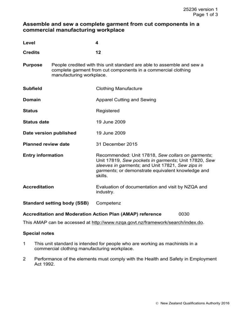 Garment Assembly Unit Standard: Sewing in Manufacturing