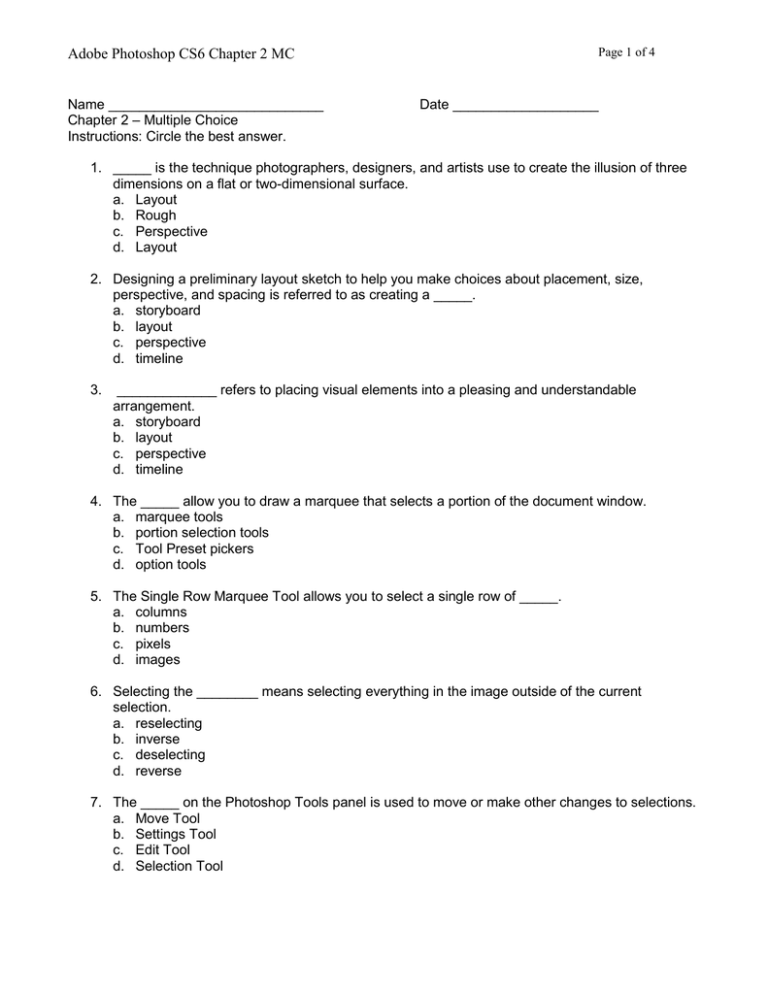 Photoshop CS6 Chapter 2 Test: Multiple Choice