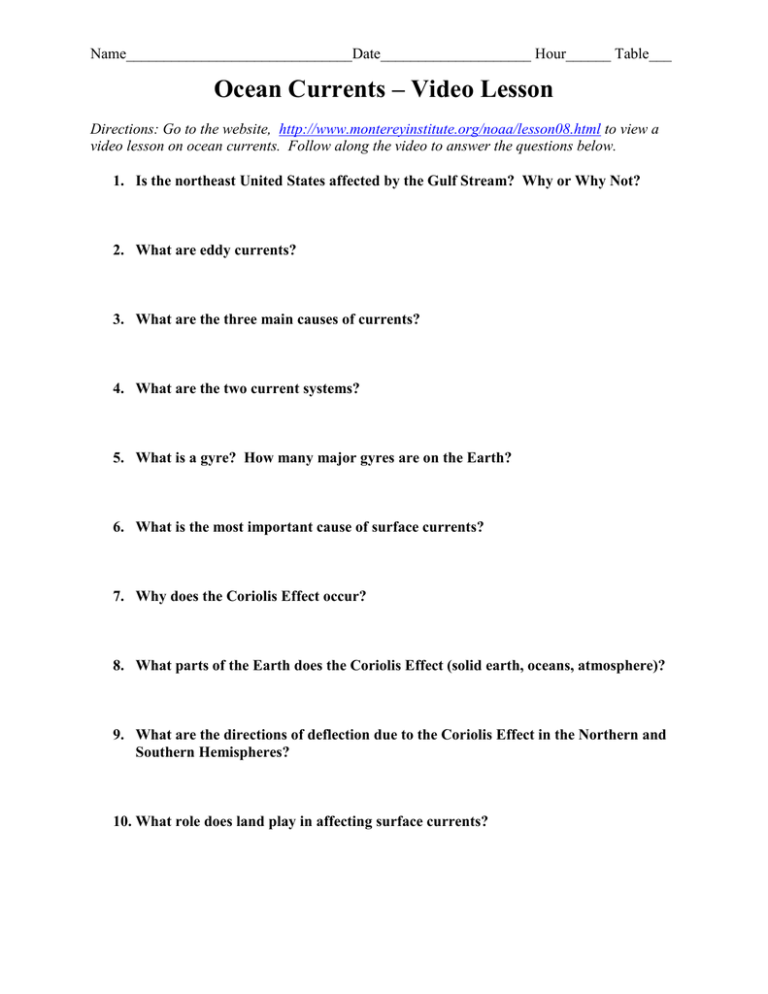Ocean Currents Worksheet: Gulf Stream, Coriolis Effect