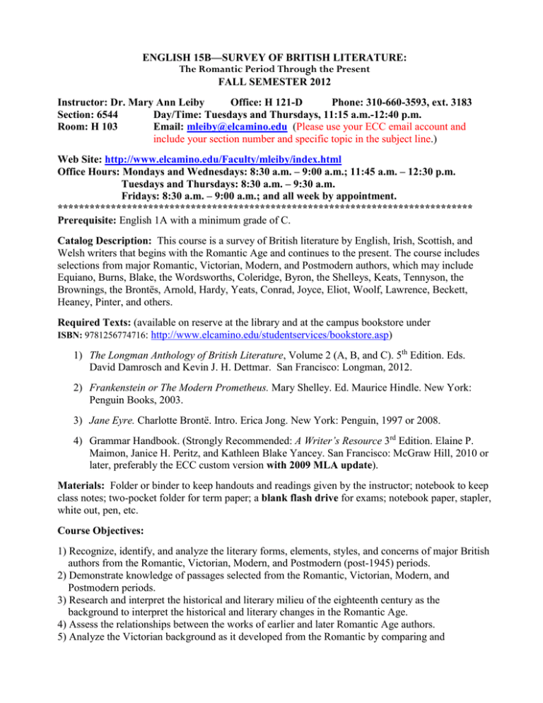 English 15B: British Literature Syllabus - Romantic to Present