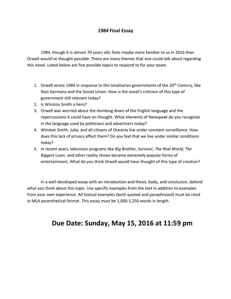 1984 FINAL ESSAY PROMPT