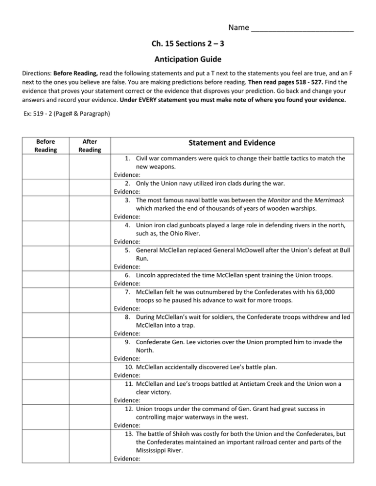 Civil War Anticipation Guide: Chapter 15, Sections 2-3