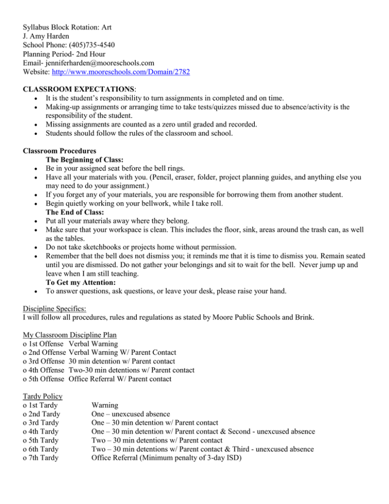 Art Syllabus: Classroom Expectations & Grading