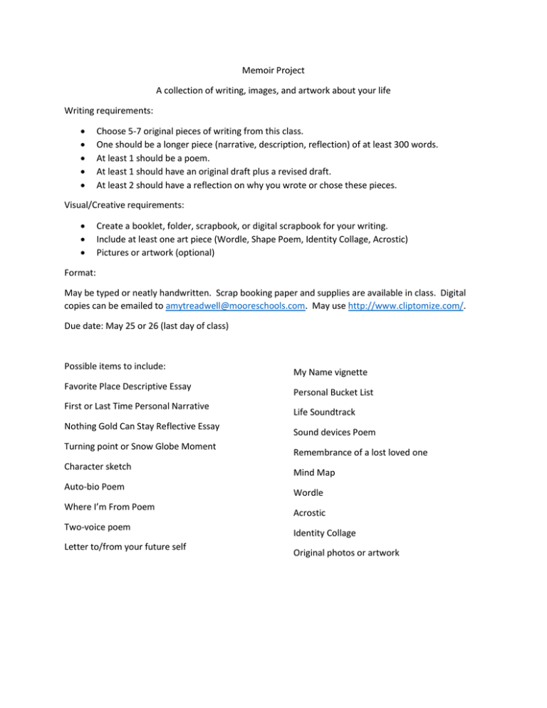 Memoir Project Writing requirements: