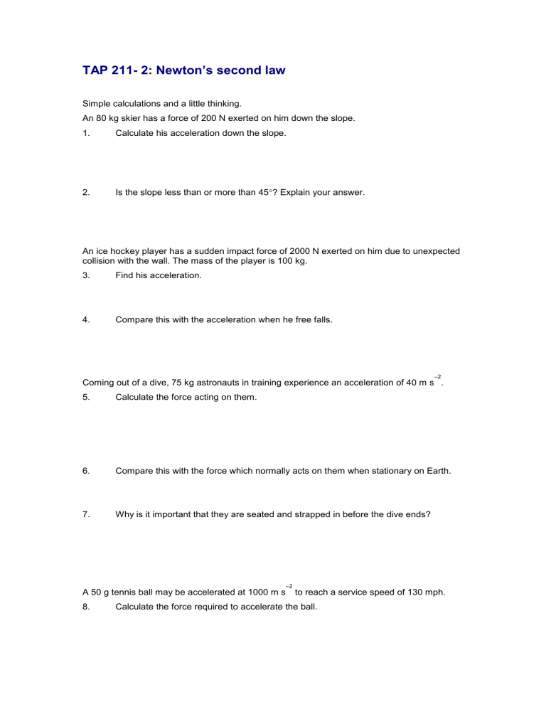 Newton's Second Law Worksheet: Physics Problems