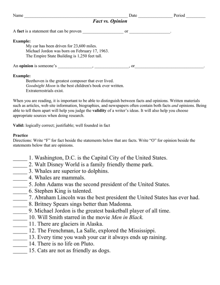 Fact vs. Opinion Worksheet: Practice & Examples