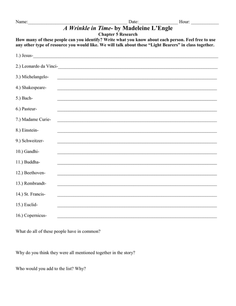 A Wrinkle in Time: Chapter 5 Research Worksheet